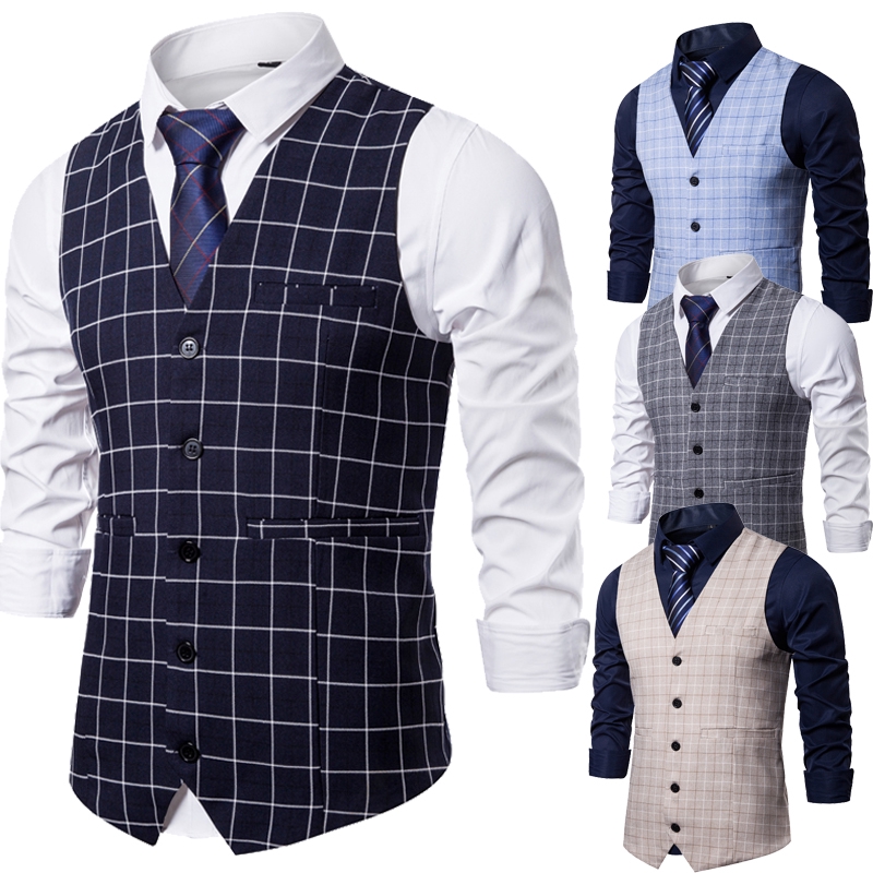 Fashion Mens Stripe Plaid Formal Blazer Vests Casual Single Breasted V ...