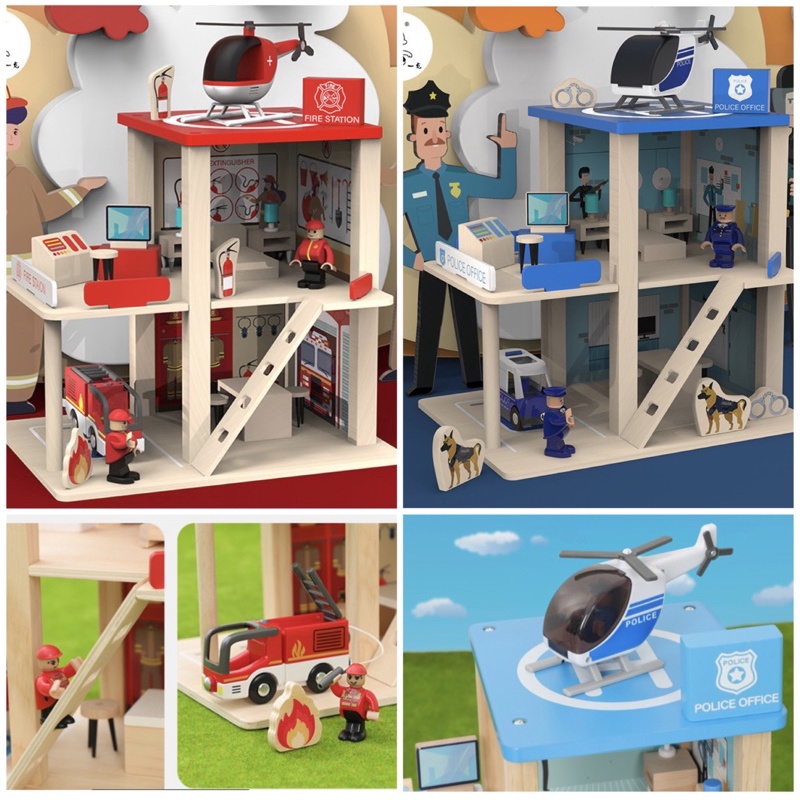 Police Station Fire Station with helicopter wooden toy playset Pretend ...