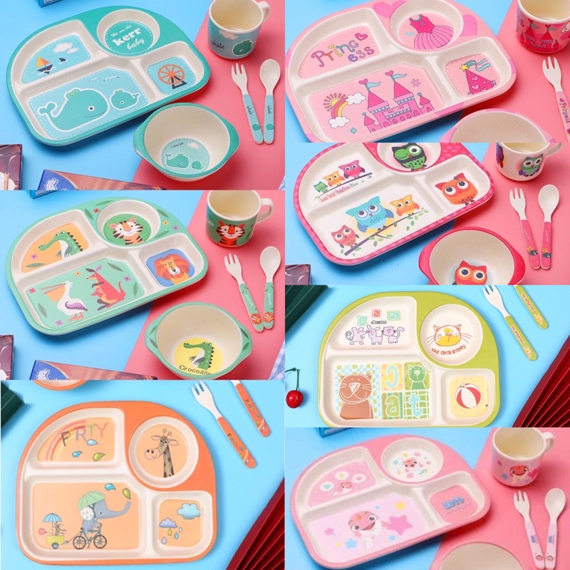 5pcs/set Bamboo Fiber Cartoon Tableware Kids Dinner Plate Toddler ...