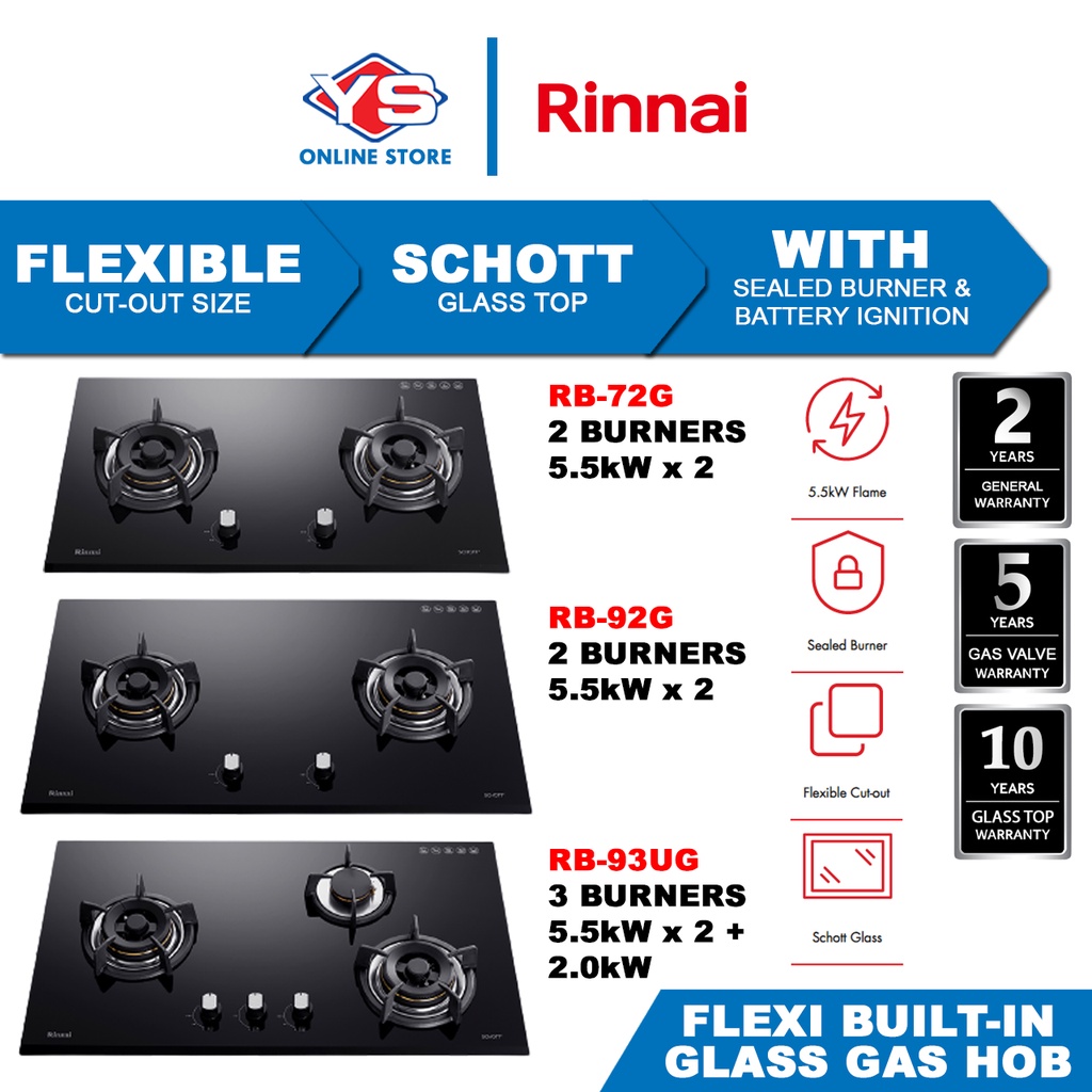 Rinnai 2-Hyper 3-Hyper Burner Schott Glass Flexi Built-in Gas Hob RB-72G RB-92G RB-93UG RB72G ...