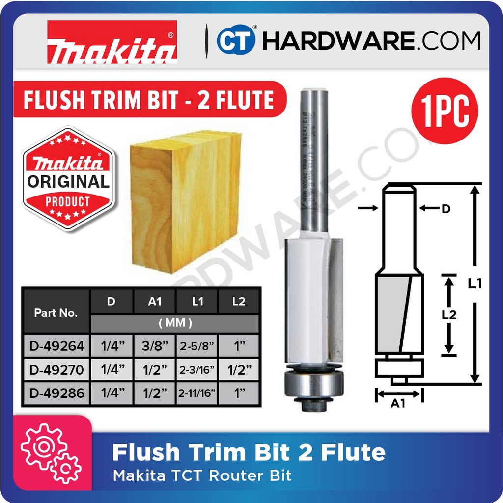 MAKITA ROUTER BIT - FLUSH TRIM BIT 2 FLUTE 1/4" SHANK ( 3/8" | 1/2" | 1 ...