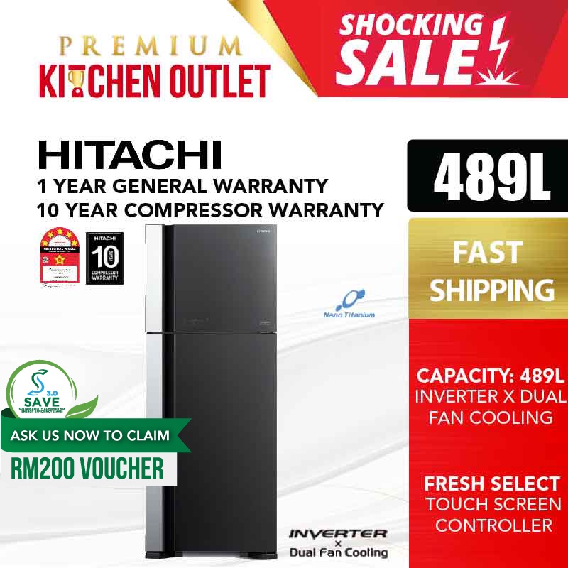 Hitachi 489L Refrigerator Big2 Glass Series 2 Door R-VG580P7M-1 GGR ...