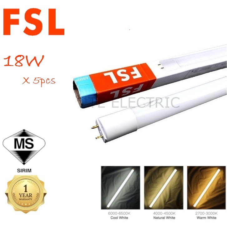 (5PCS) FSL 18W T8 LED TUBE 1200MM 4FT 3000K/4000K/6500K SIRIM DAYLIGHT WARMWHITE COOLWHITE ...