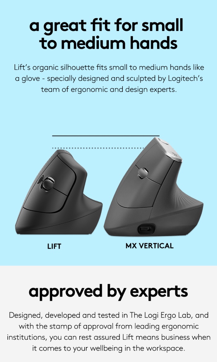 Logitech Lift Vertical Ergonomic Mouse, Wireless, Bluetooth or Logi ...