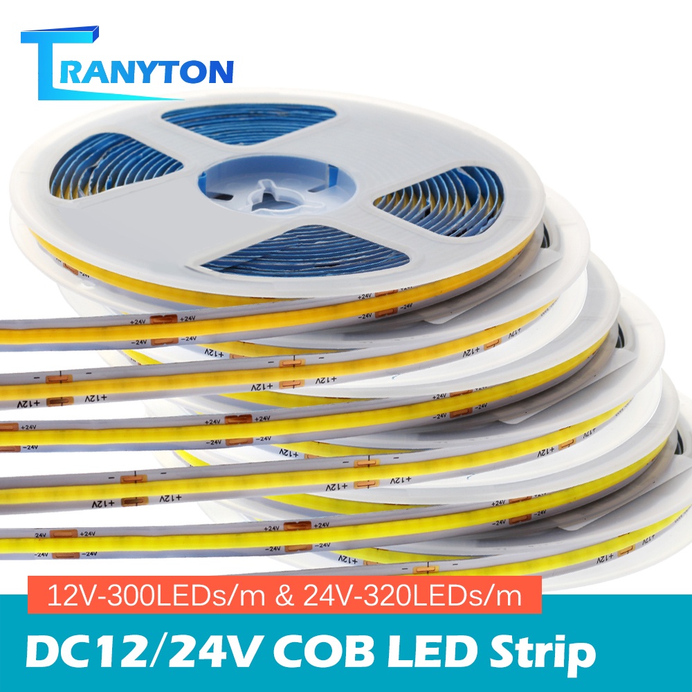 5M/roll COB LED Light Strip 12V 24V 300led/m High Brightness Flexible ...
