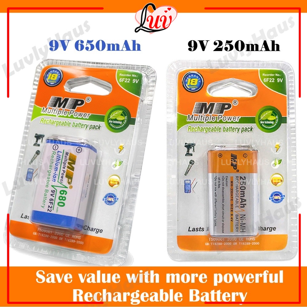 MP 9 Volt Rechargeable 650mAh NimH Performance 9V 6F22 Batteries ...