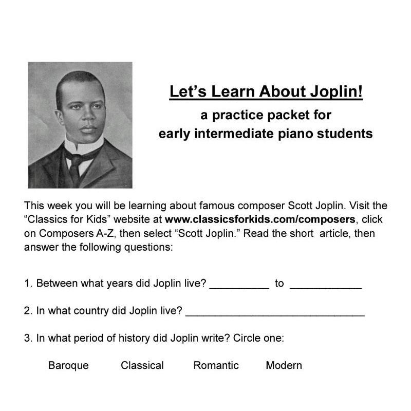 Worksheet & Piano Sheet: SCOTT JOPLIN (5 pages) + The Entertainer (Easy ...