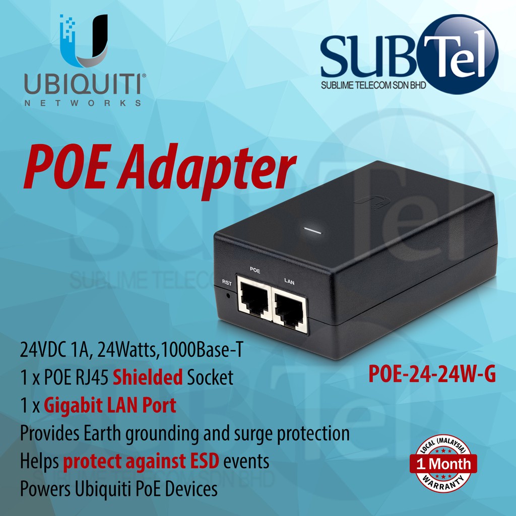 Ubiquiti POE-24-24W-G Networks Gigabit Power over Ethernet POE Adapter ...