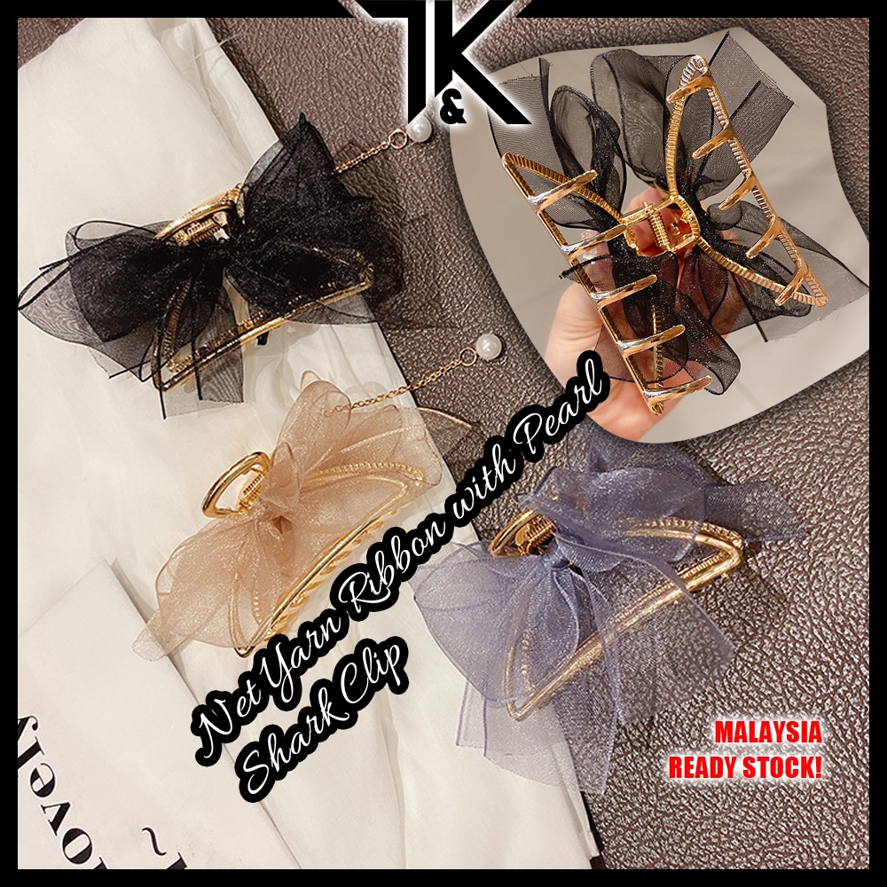 [LOCAL] Korean Net Yarn Ribbon Alloy Shark Clip Brass Matte Gold Hair ...