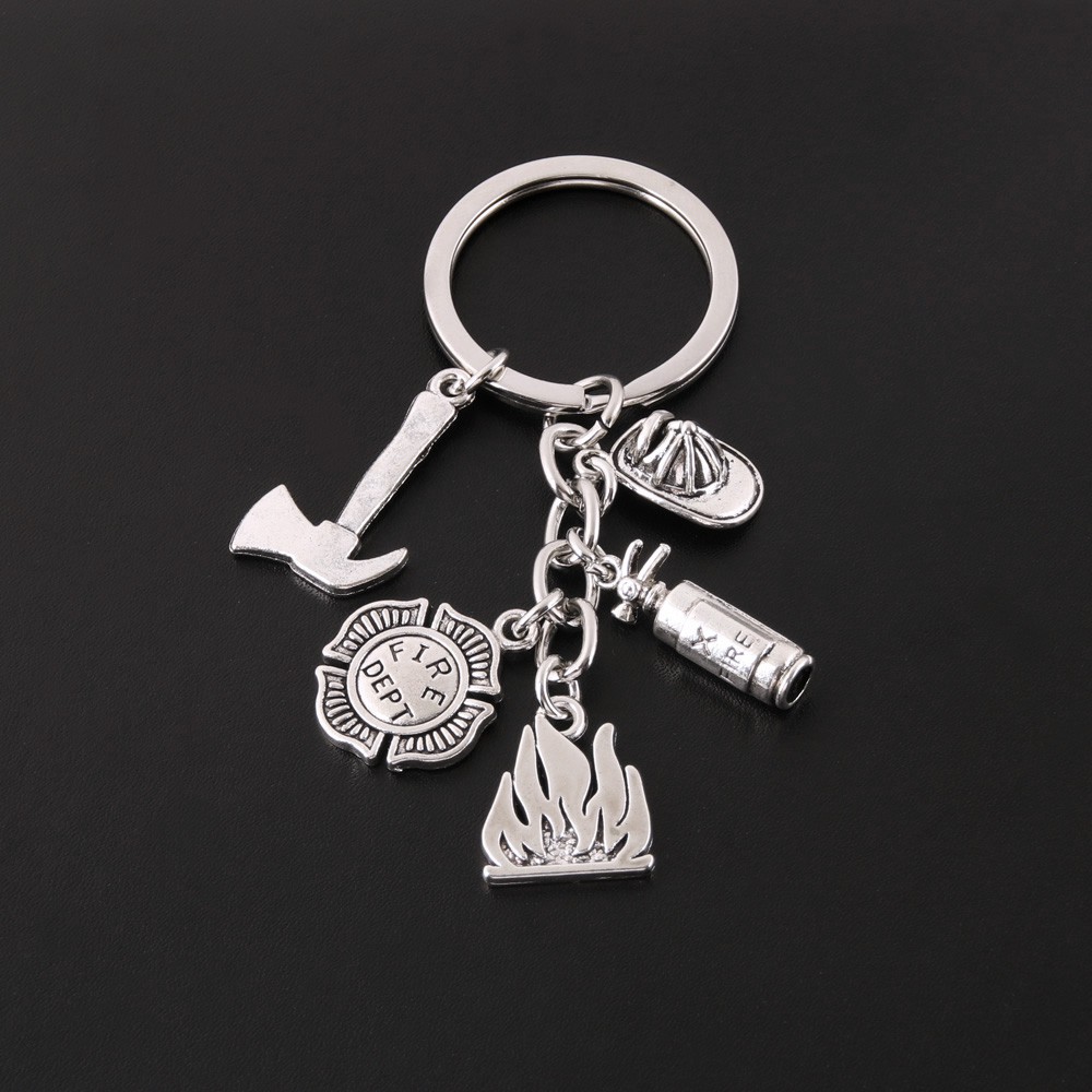 1Pc Metal Flame Firefighters Keychain Extinguisher Axe Helmet Badge ...