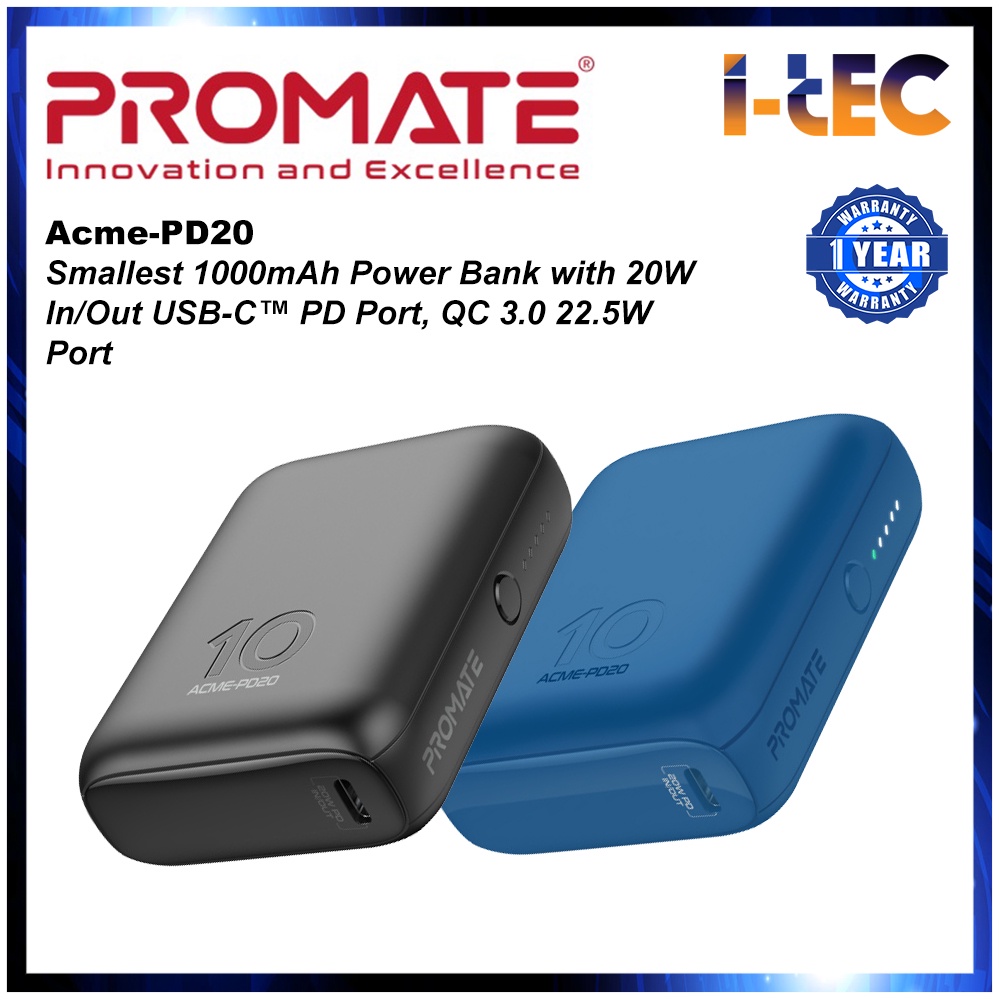 Promate Ultra-Compact Power Bank with 22W power Delivery & Quick Charge ...