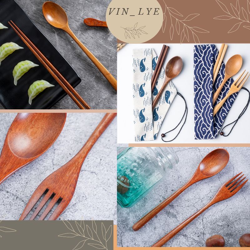 Set Alat Makan Kayu Sudu Garpu Japanese style Wooden Cutlery Set With ...