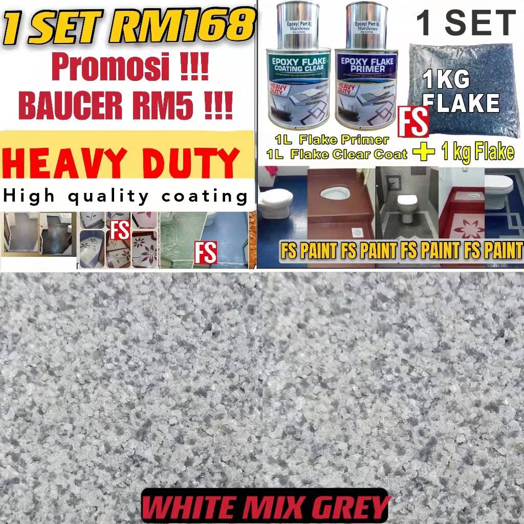 ( WHITE MIX GREY ) Full Set Epoxy Colour Flake Coating ( 1KG FLAKE / 1L ...