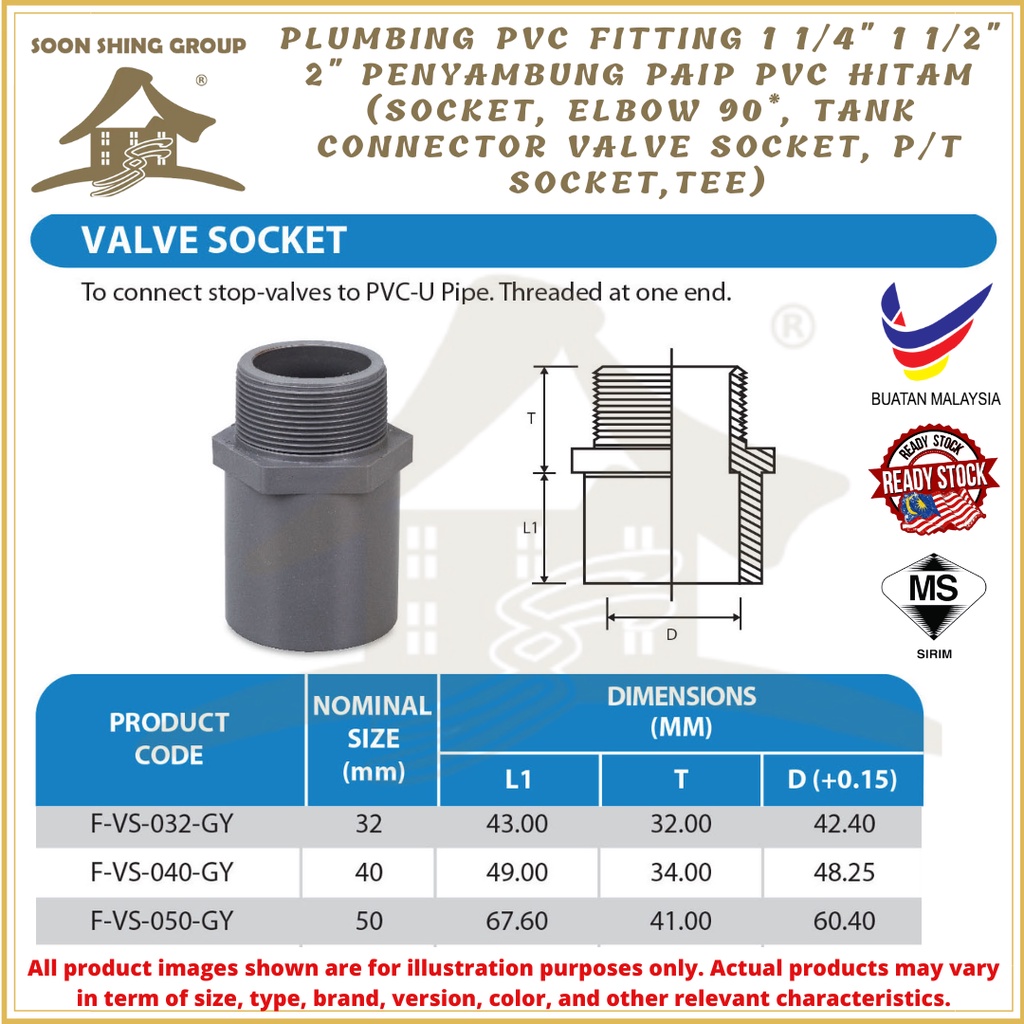 PVC FITTING 1 1/4" 1 1/2" 2" Penyambung Paip PVC HITAM Socket, Elbow 90 ...