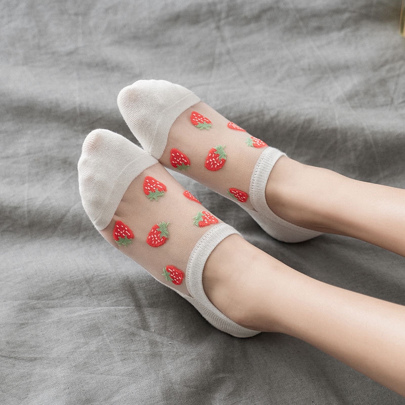 Cute Fruits Pattern Sweet Socks Women Summer Korean Cool Ultra-thin Silk Crystal Transparent ...