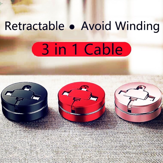 Original 3 in 1 Micro USB Type C 8 Pin USB Cable Retractable 1M USB ...