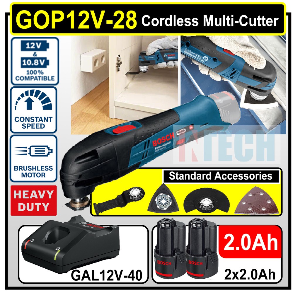 BOSCH GOP12V-28 CORDLESS MULTI-CUTTER C/W GAL12V-40 + 2X x 12V 2.0AH ...