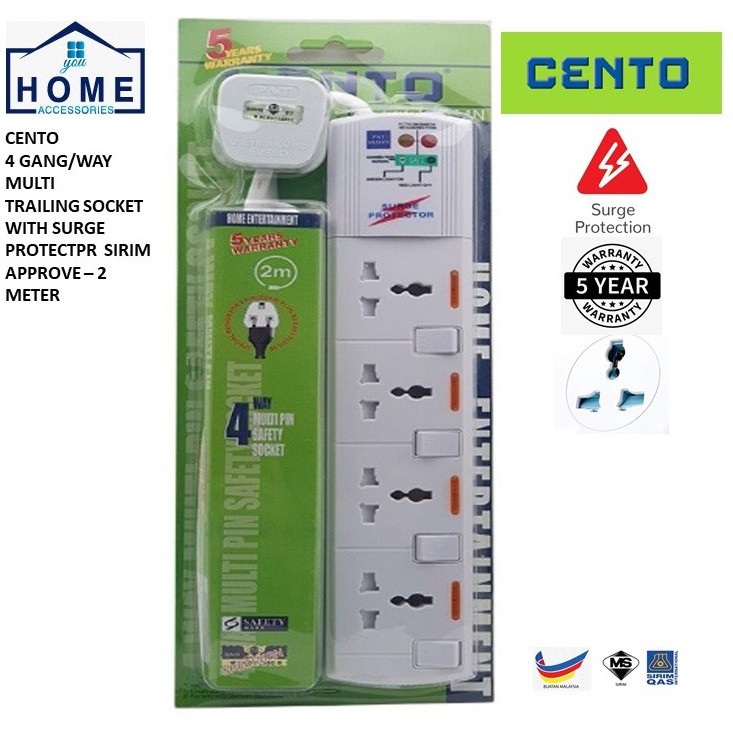 CENTO 4 GANG/PORT/WAY MULTI-PIN SAFETY EXTENSION SOCKET SURGE PROTECTOR ...