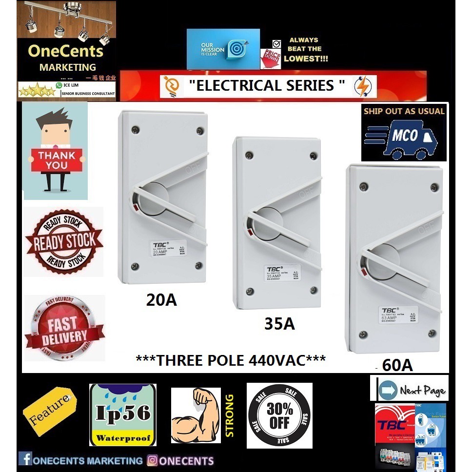 IP56 ISOLATOR/ SURFACE SWITCH/ THREE POLE WEATHER-PROTECTED 440VAC 20A ...