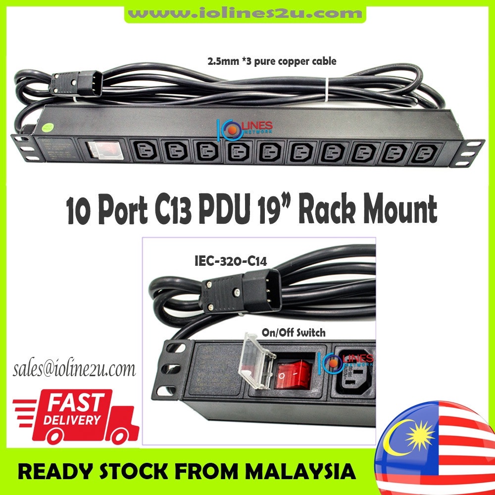 10 Gang C13 16A 1U Rack mount 19" IEC PDU IEC-320-C13 PORT OUTPUT & C14 ...