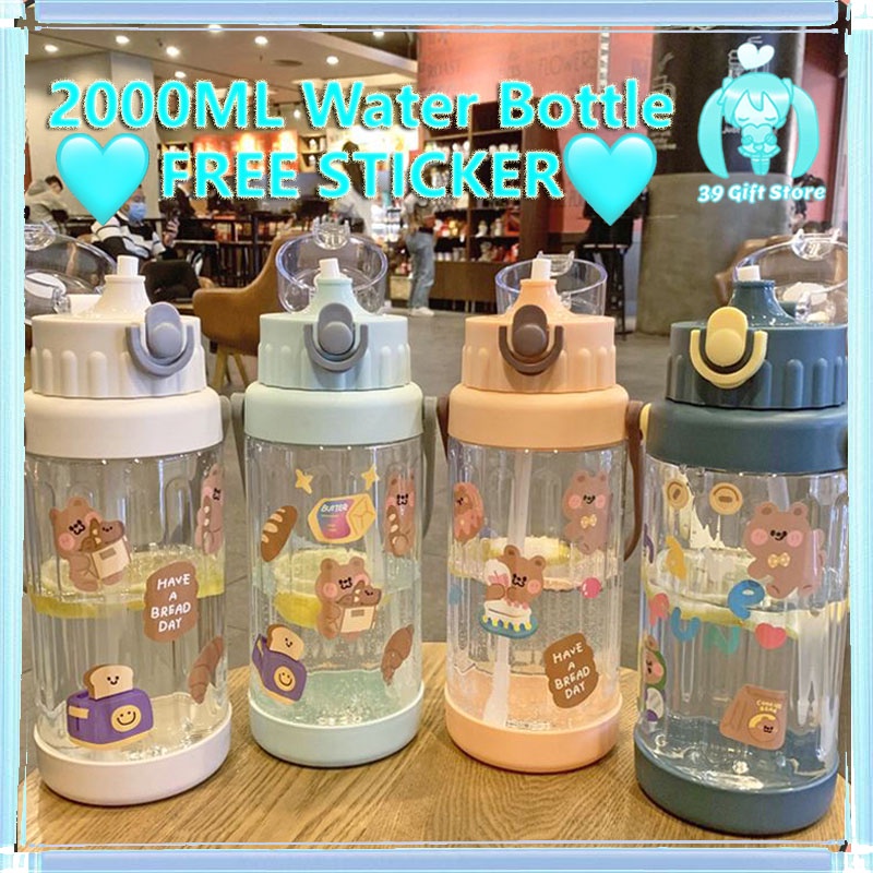 2000ML Water Bottle Ins Style FREE Sticker 大容量户外便携水壶 塑料水瓶 带吸管 送贴纸 | Shopee Malaysia