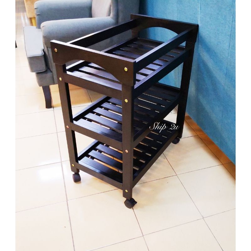 Solid wood 3 tiers trolley with wheels /troli kayu solid 3 tingkat ...