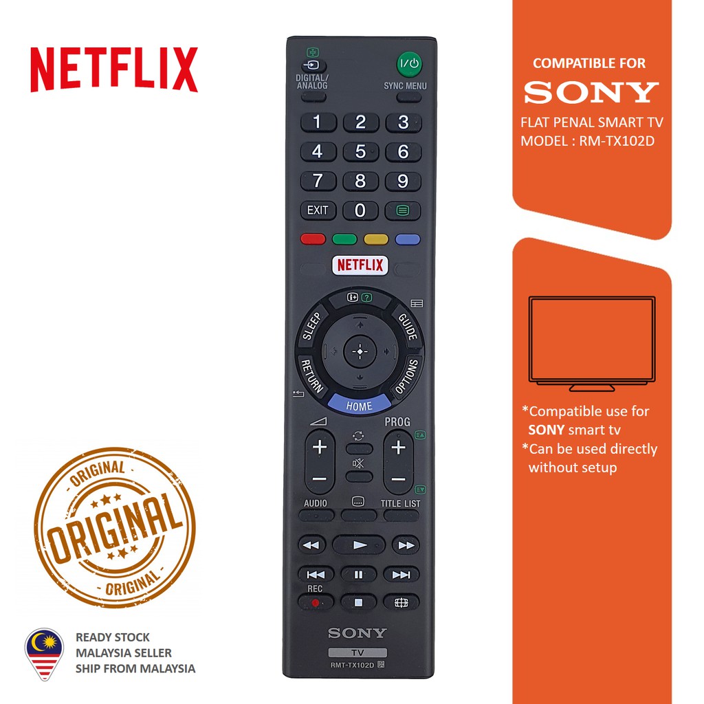 **Original** Sony Flat Panel LED LCD TV Remote Control Netflix RMT-TX102D | Shopee Malaysia