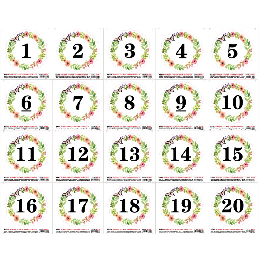 FANCY FLOWER NUMBER 1 TO 20 VINYL STICKER WITH MATTE LAMINATED 100MM ...