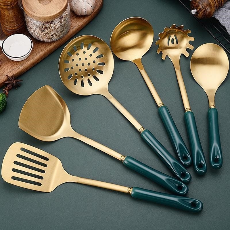 24k Gold with Green Stainless Steel/Soup Ladle/Colander/Strainer ...