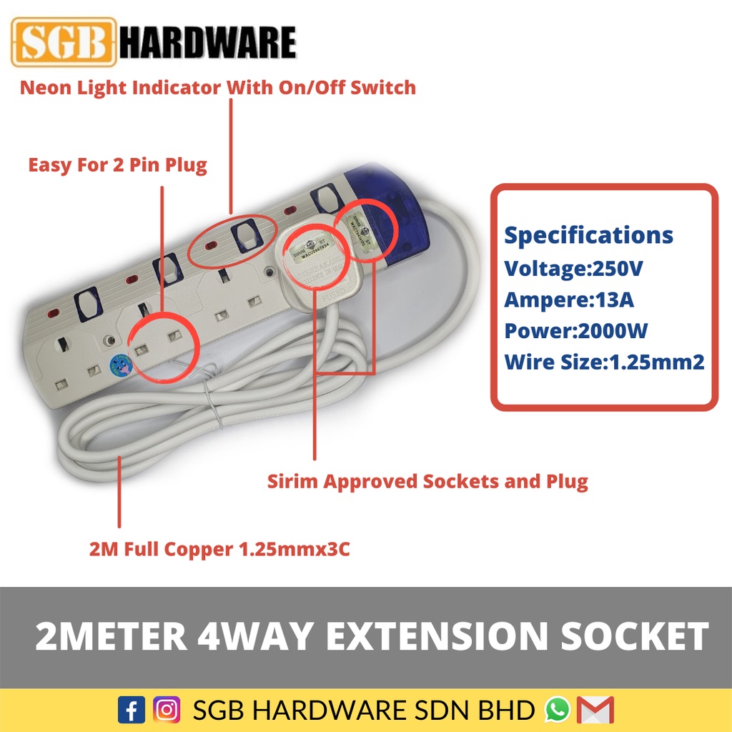 2M 5M Extension Socket Multiple Plug Adaptor Trailing w Neon Universal Adapter / 5&10Yard ...