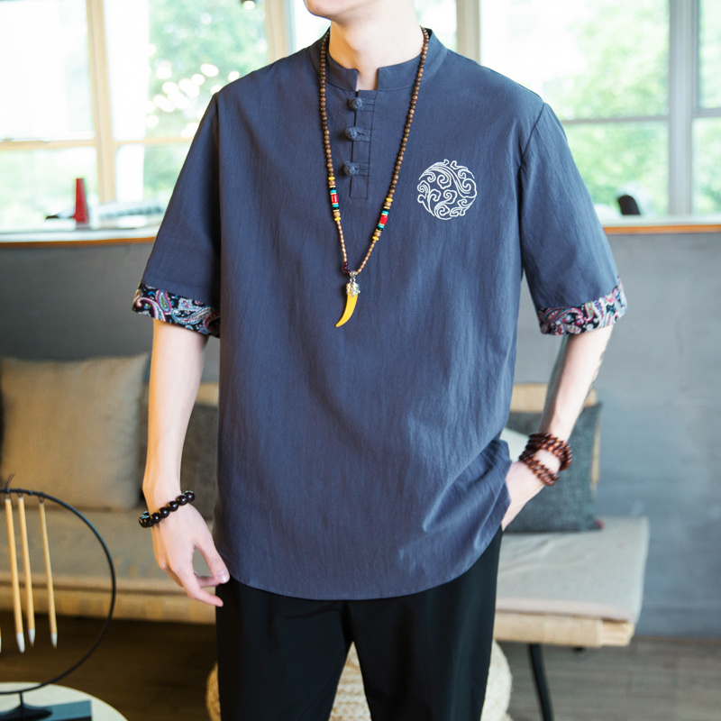 Men Casual Tee Tops Chinese Style T Shirt Casual Streetwear Linen