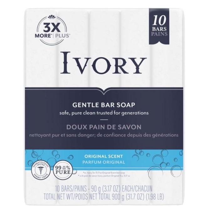 [10pack] Ivory Gentle Bar Soap, Original Scent 3X More Plus 90g x 10 ...