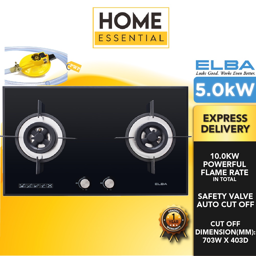 Elba 5.0KW 2 Burners Safety Valve Built In Glass Hob With/Without Gas Regulator EGH-K8942G(BK ...