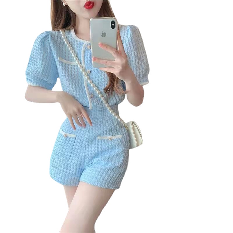 summer sweet two piece sets women puff sleeve short shirt and high ...