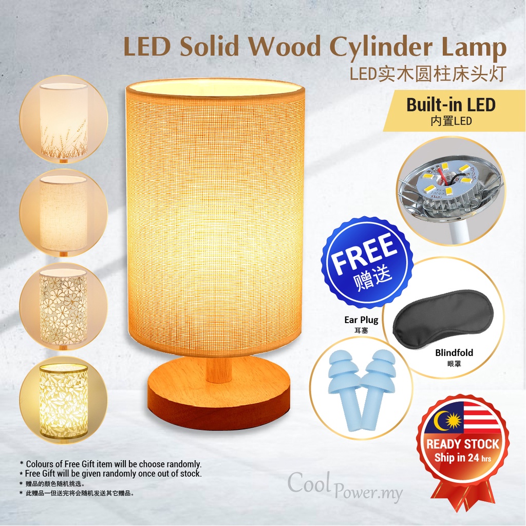 LED Solid Wood Bedside Cylinder Lamp Table Lamp Desk Lamp Lampu ...