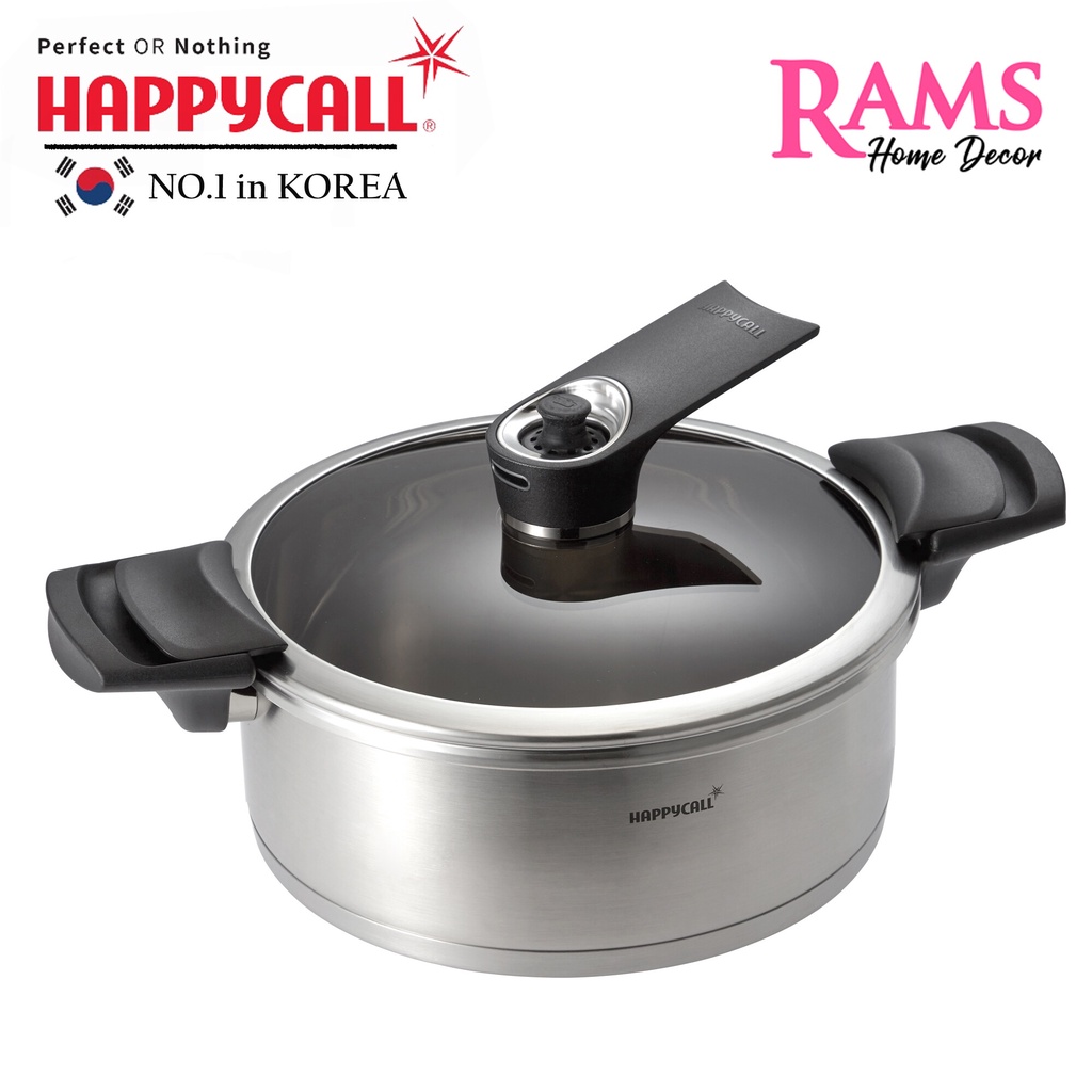 Happycall 24cm IH Vacuum Skillet Low Stock Pot with Silicone Rim Tempered Glass Lid / Stainless ...