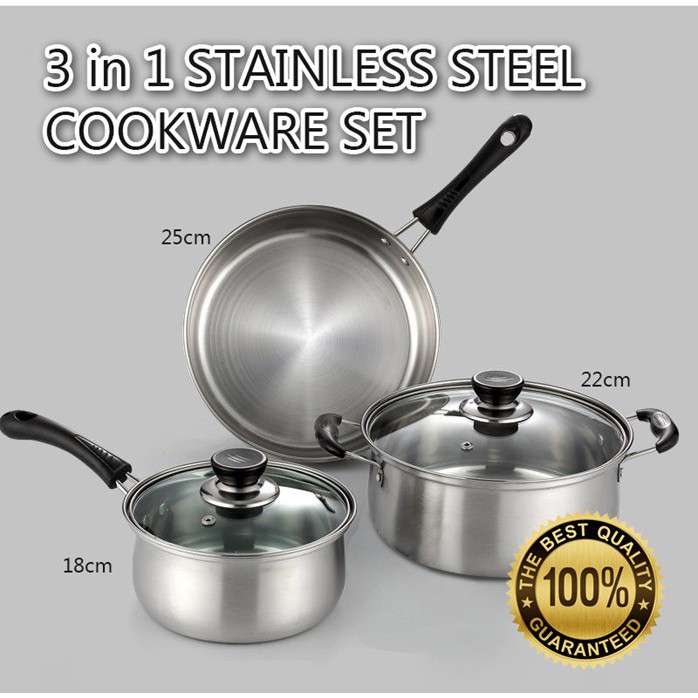 5 PCS STAINLESS STEEL SOUP POT SET & FRY PAN WITH GLASS LIDS 18CM/22CM ...