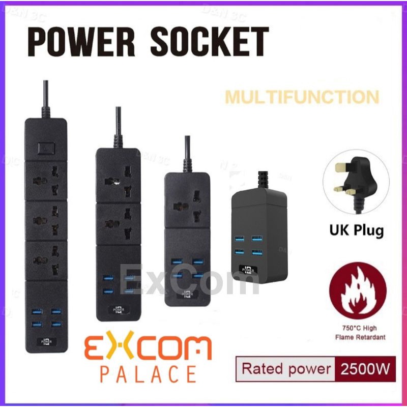 UK Plug Power Strip 1/2/3 Universal Socket + 4 USB Output 3.1A 2m ...