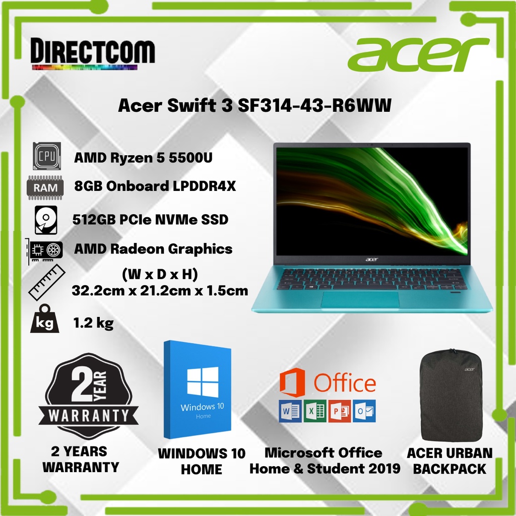 Acer Swift 3 SF314-43-R6WW -Electric Blue (AMD Ryzen 5 5500U, 8GB RAM ...