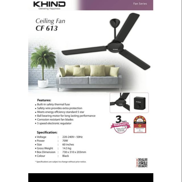 Khind CF613 Black Ceiling Fan (Buatan Malaysia) | Shopee Malaysia