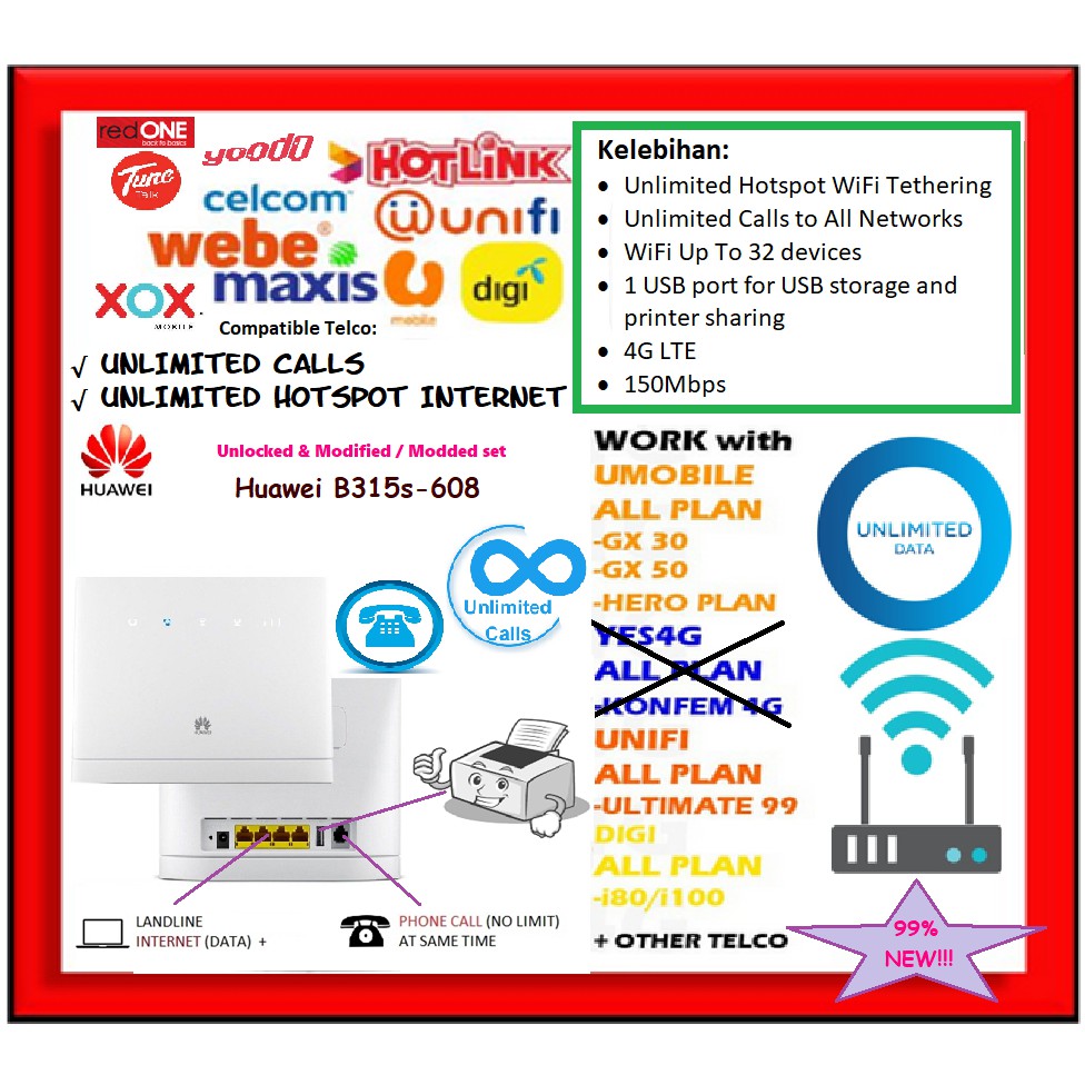 Modded / Modified Unlocked Huawei B315s-608 B315s-22 4G LTE Unlimited ...