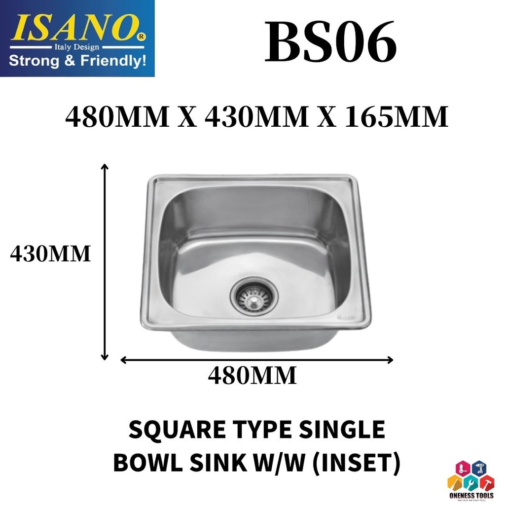 ''ISANO'' SQUARE TYPE SINGLE BOWL SINK W/W (INSET) -480MM X 430MM X ...