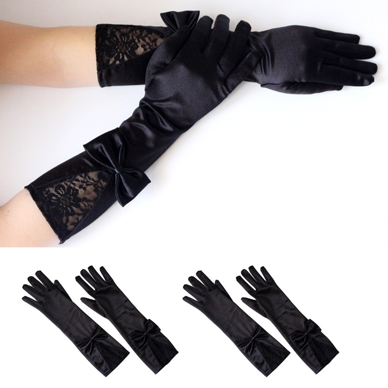 Dudu Women Ladies Black Satin Full Finger Long Gloves Floral Lace ...