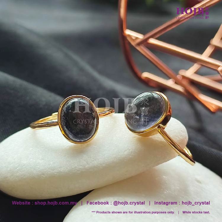 HOJB Natural Iolite(Cordierite) Cat-Eye 5A Oval S925 Gold Plated Ring 7x10mm 聚寶軒天然猫眼堇青石5A椭圆形S925 ...