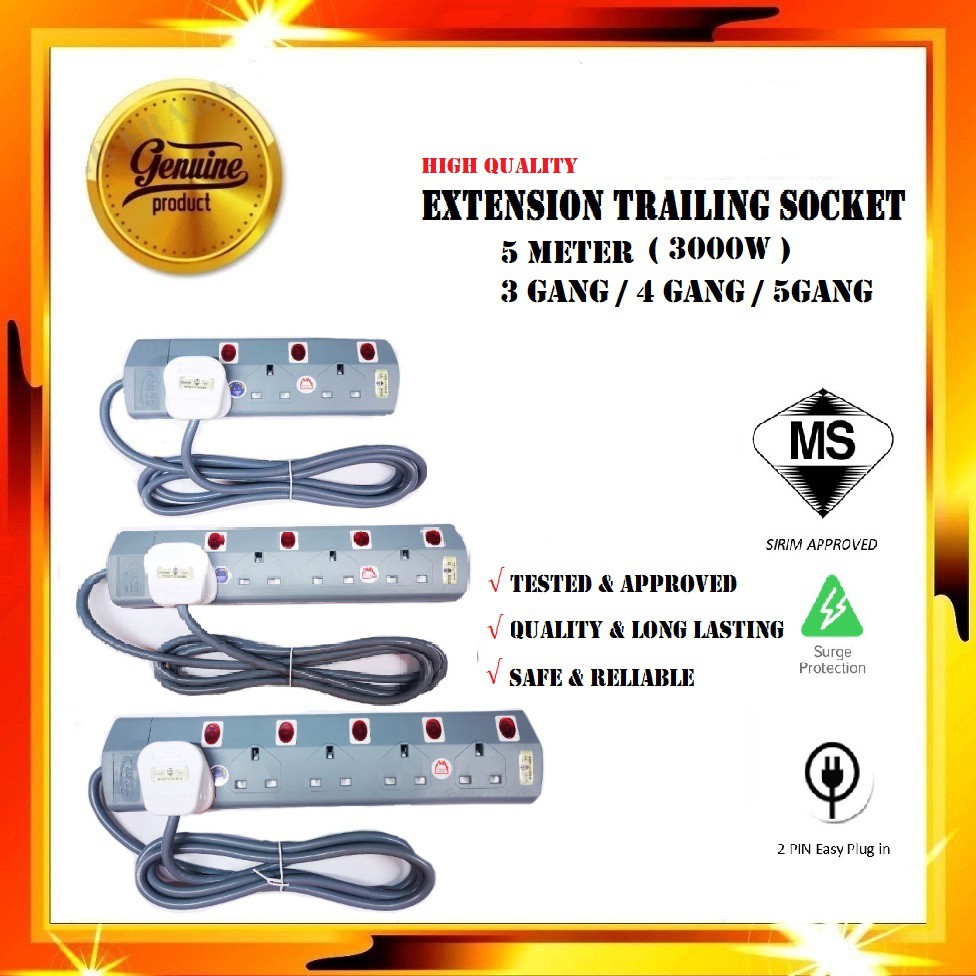 13amp 3gang 4gang 5gang 5 Meter 3000w Extension Trailing Socket Surge Protection Sirim
