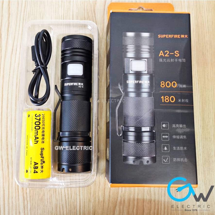 [Full Set] SUPERFIRE A2-S LED 15W USB Rechargeable Waterproof Flashlight (Battery & USB Type C ...
