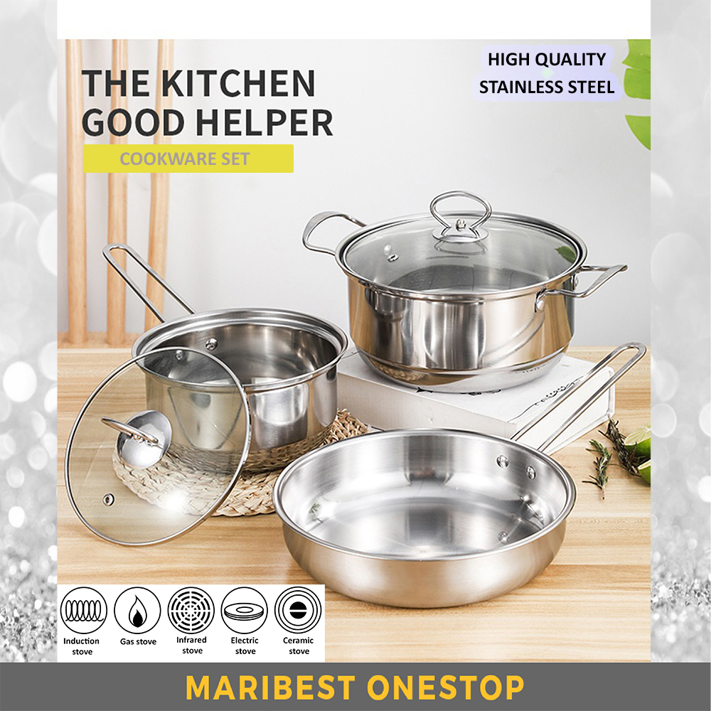 3PCS Stainless Steel Cookware Set 18cm Milk Pot 22cm Soup Pot 24cm Fry ...