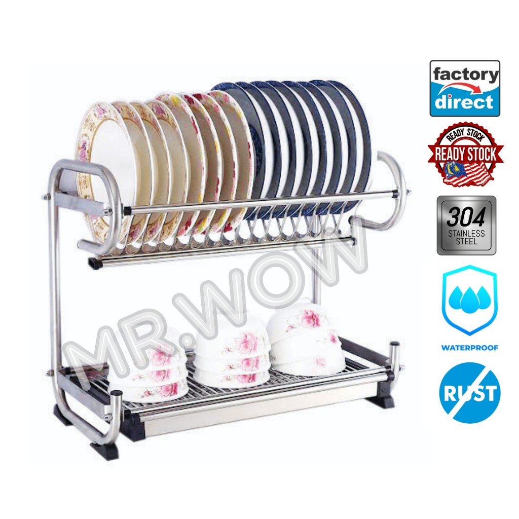 2 Tier 304 Stainless steel dish rack with water tray / drying rack ...