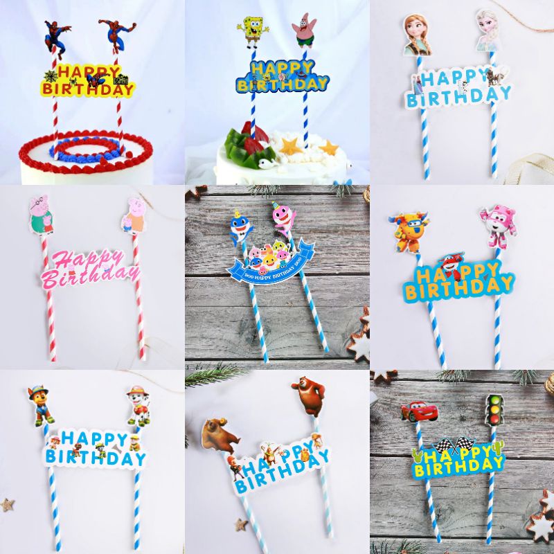 IMOCHI 卡通生日快乐吸管插旗 cartoon happy birthday cake topper | Shopee Malaysia