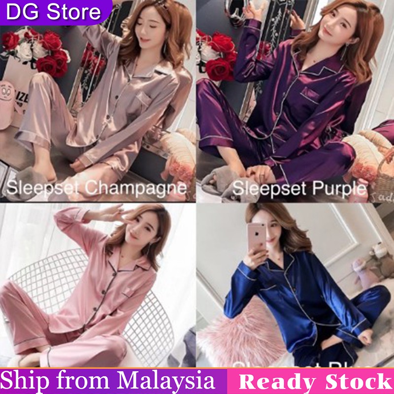 baju tidur seksi DG M-5XL Women Silk Satin Pyjamas Long Sleevewanita ...